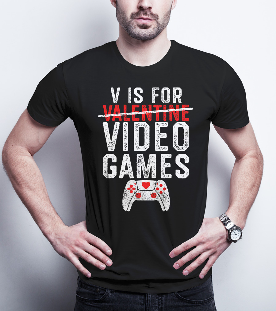 V Is For Video Games Valentine's Day Gamer Controller Heart T-Shirt