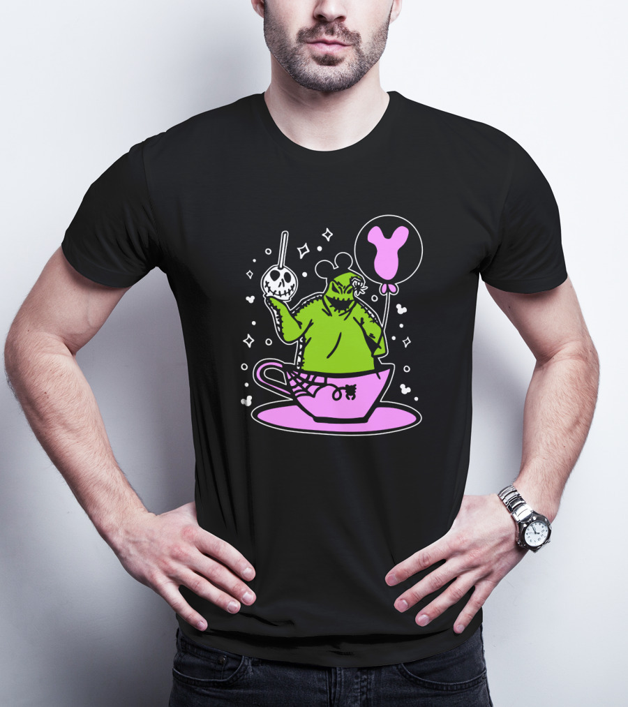 Oogie Boogie In Pink Tea Cup With Mickey Ears Balloon And Spider Details T-Shirt