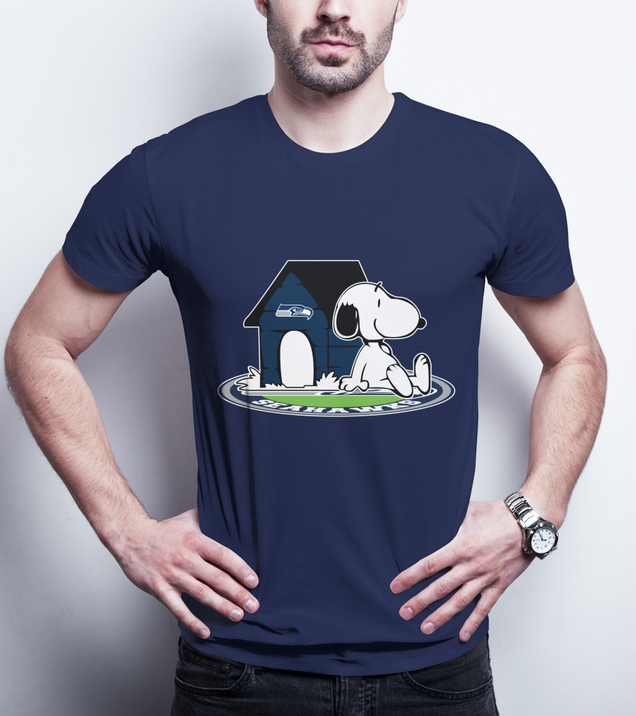 Seattle Seahawks Fan Forever With Snoopy Sitting By Doghouse T-Shirt
