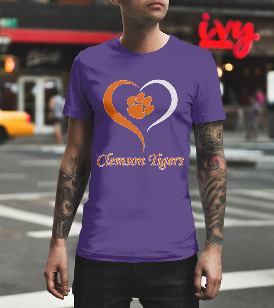Clemson Tigers Heart Paw Print Purple And Orange T-Shirt