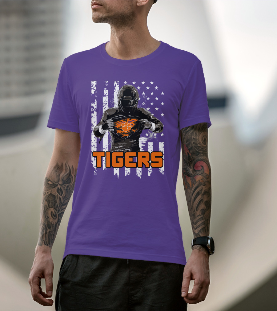 Tigers Player With Paw Logo And Flag Background T-Shirt