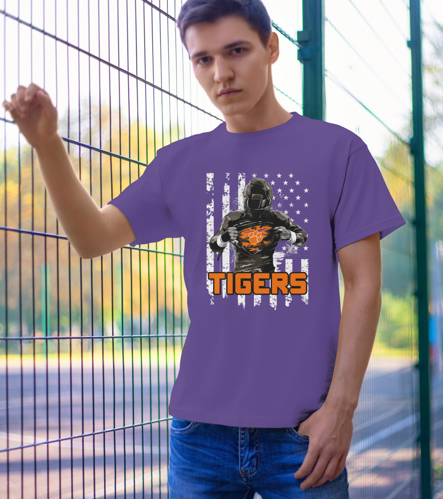 Tigers Player With Paw Logo And Flag Background T-Shirt