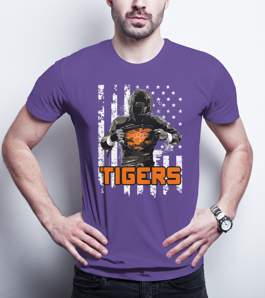 Tigers Player With Paw Logo And Flag Background T-Shirt