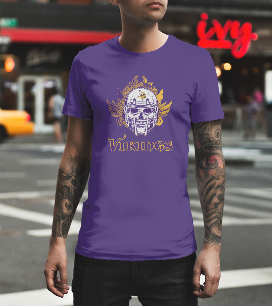 Vikings Skull Helmet With Purple And Yellow Wings T-Shirt