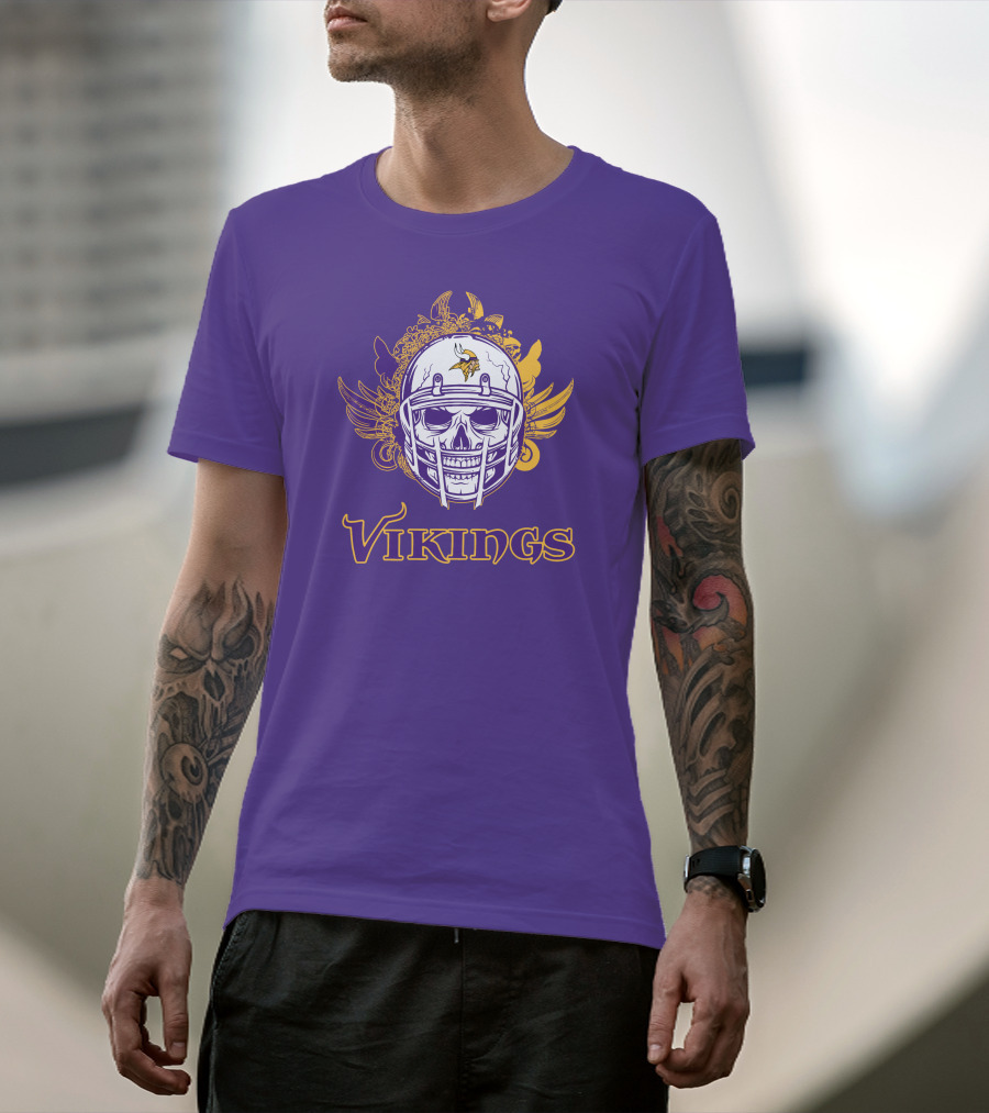 Vikings Skull Helmet With Purple And Yellow Wings T-Shirt