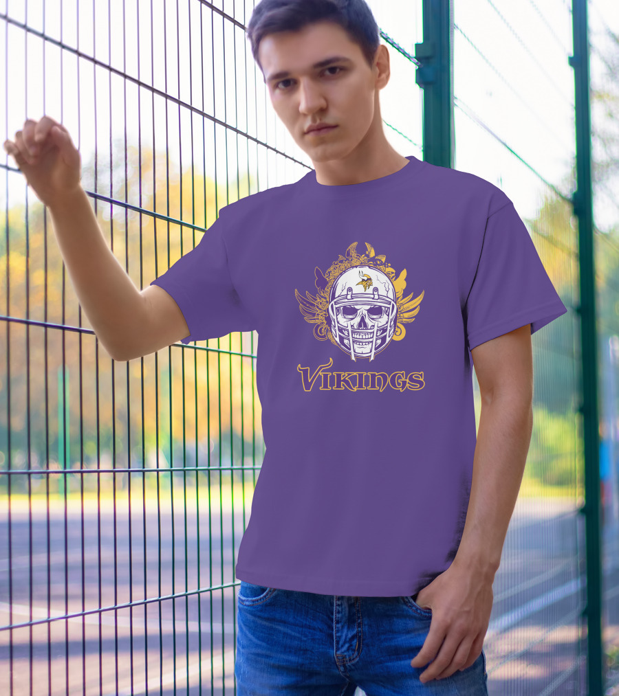 Vikings Skull Helmet With Purple And Yellow Wings T-Shirt