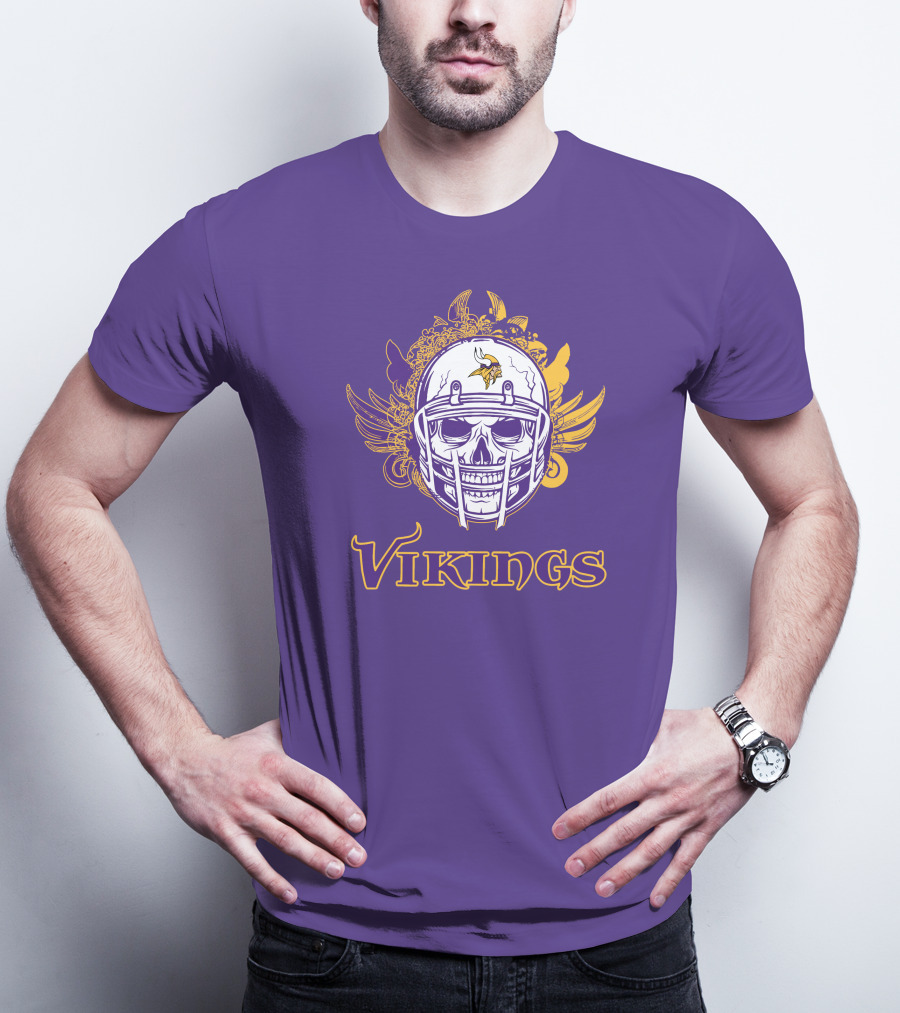 Vikings Skull Helmet With Purple And Yellow Wings T-Shirt