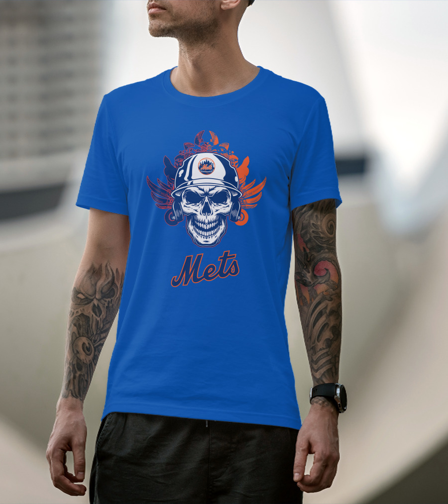 New York Mets Skull Helmet Logo With Wings T-Shirt