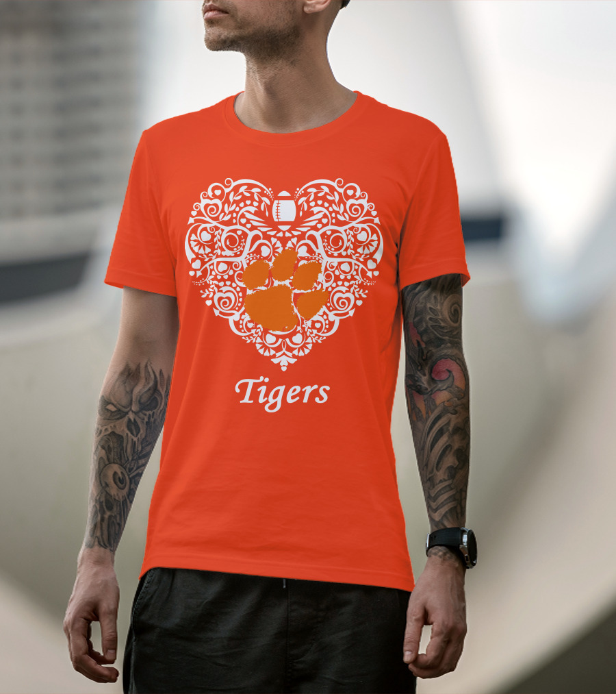 Heart-Shaped Design With Clemson Tigers Paw And Football Elements T-Shirt