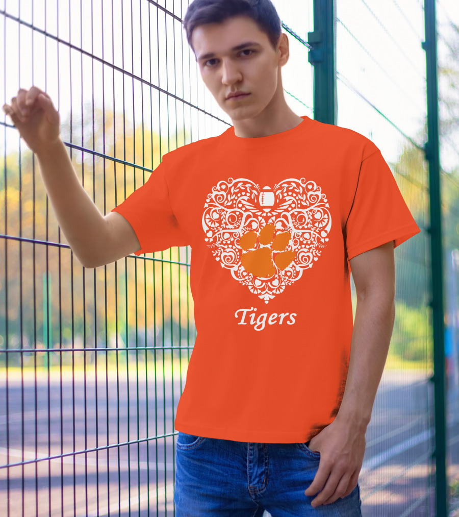Heart-Shaped Design With Clemson Tigers Paw And Football Elements T-Shirt
