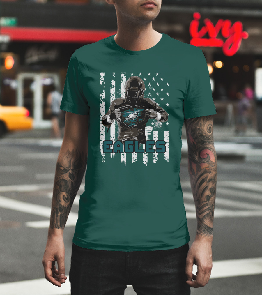 Philadelphia Eagles Football Hero With American Flag Background T-Shirt