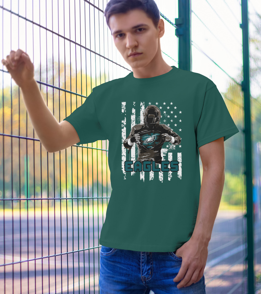 Philadelphia Eagles Football Hero With American Flag Background T-Shirt