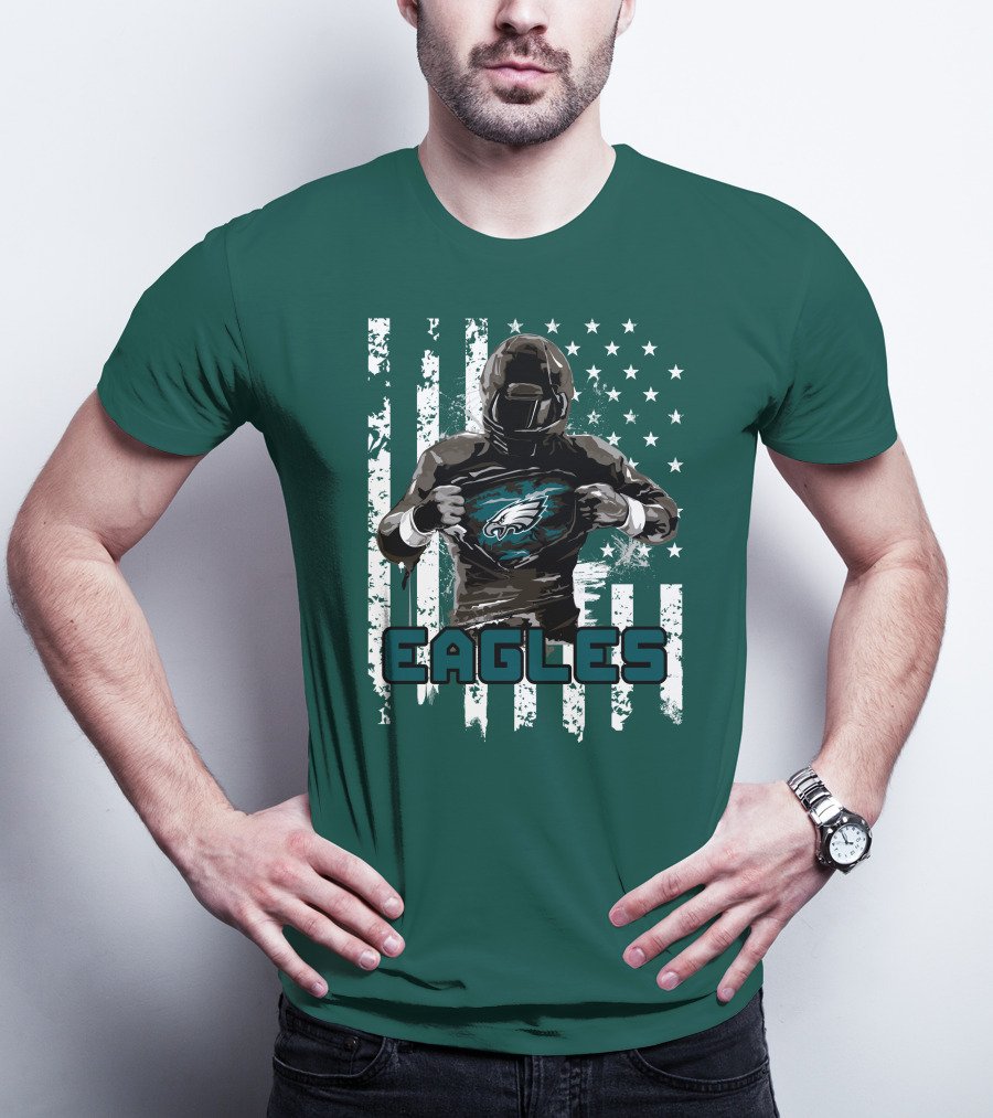Philadelphia Eagles Football Hero With American Flag Background T-Shirt