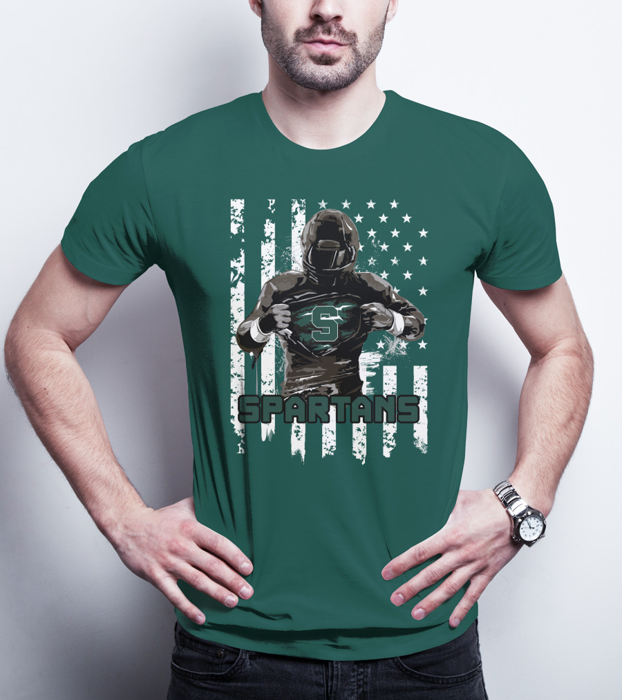 Spartans Player With S Emblem And American Flag Background T-Shirt