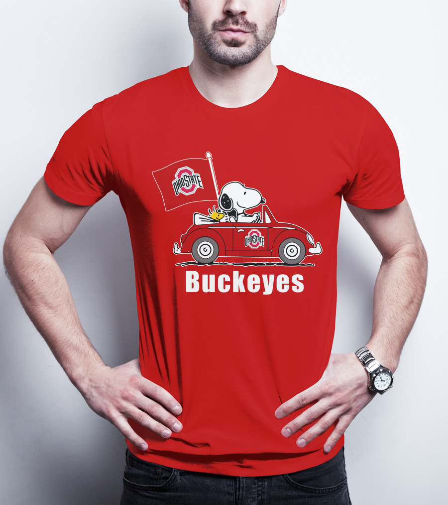 Ohio State Buckeyes Snoopy In Red Car With Flag T-Shirt