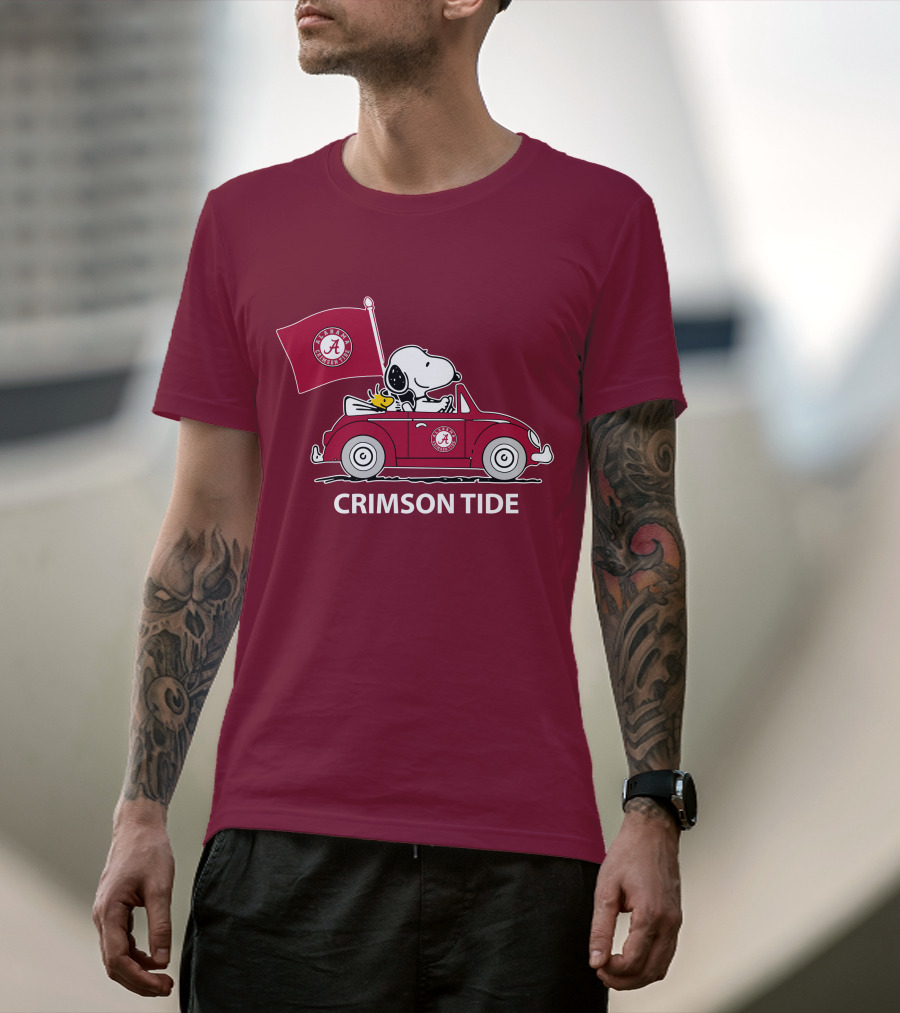 Alabama Crimson Tide Snoopy Woodstock Driving Car T-Shirt