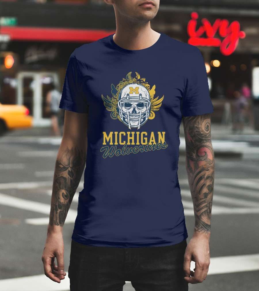 Michigan Wolverines Skull Helmet With Floral Wings T-Shirt