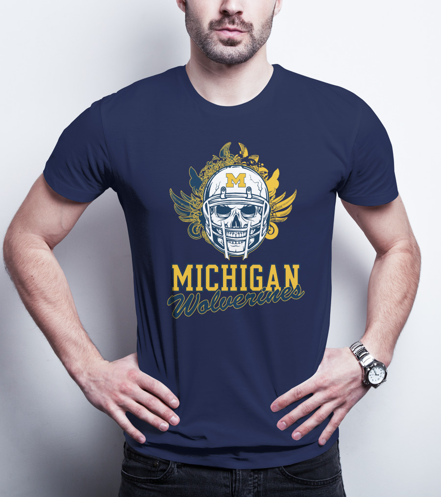 Michigan Wolverines Skull Helmet With Floral Wings T-Shirt