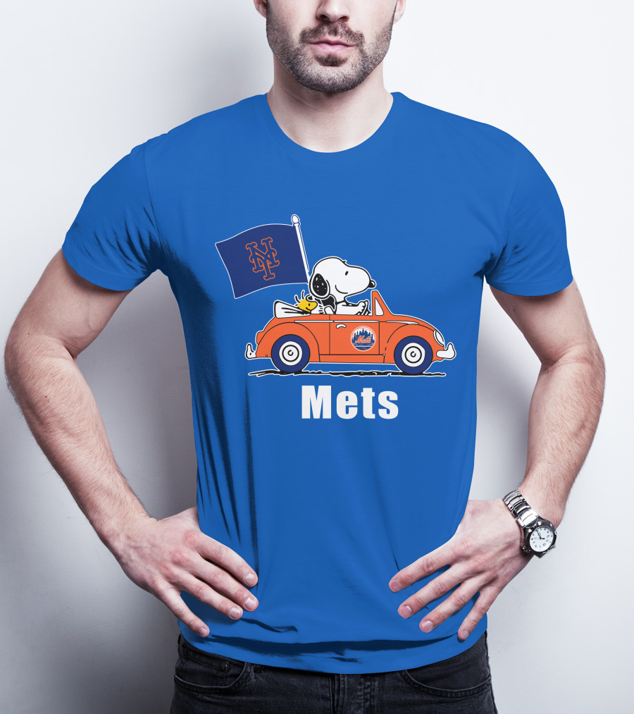 Mets Snoopy Driving With Woodstock And Flag T-Shirt