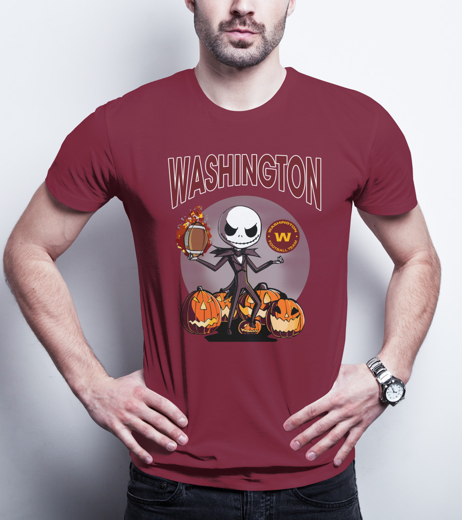 Washington Football Team Jack Skellington Halloween Pumpkins Football T-Shirt