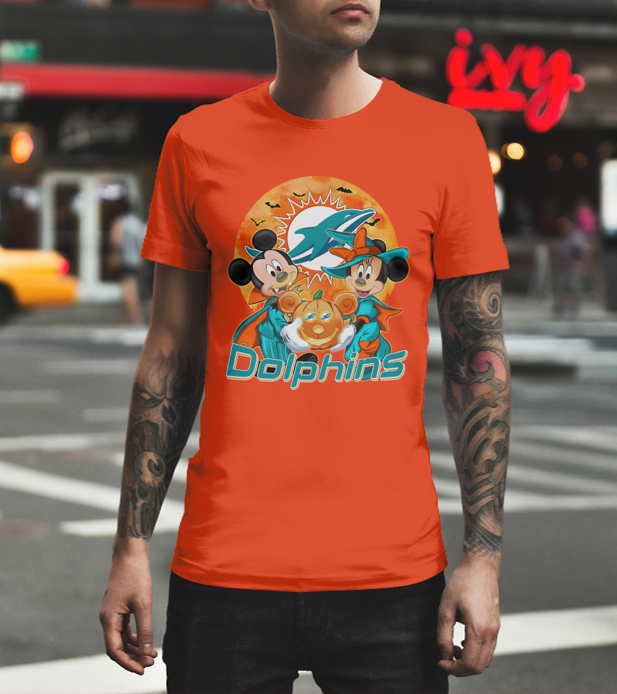 Miami Dolphins Mickey Minnie Halloween Pumpkin Bats T-Shirt