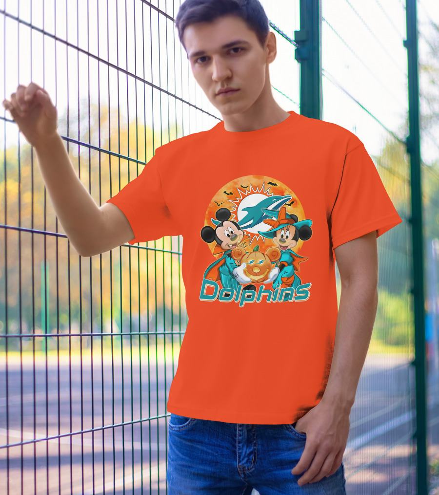Miami Dolphins Mickey Minnie Halloween Pumpkin Bats T-Shirt