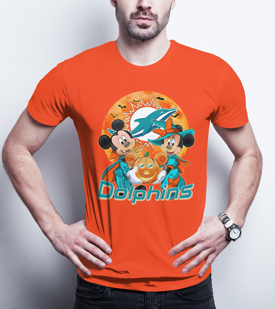 Miami Dolphins Mickey Minnie Halloween Pumpkin Bats T-Shirt