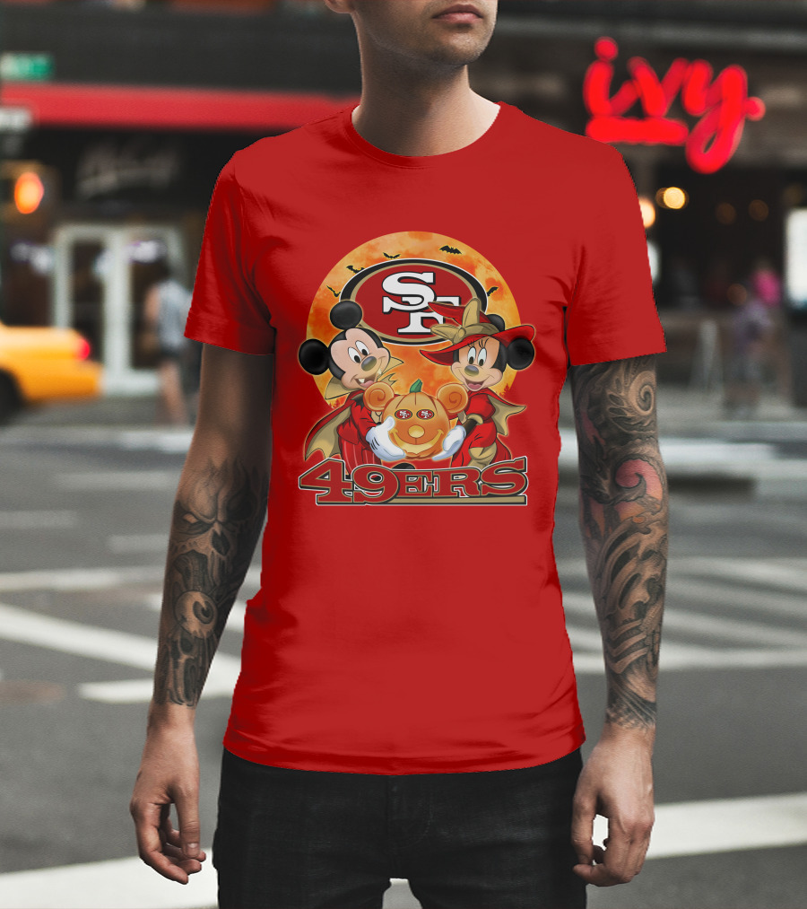 San Francisco 49ers Mickey Mouse Minnie Mouse Halloween Pumpkin T-Shirt