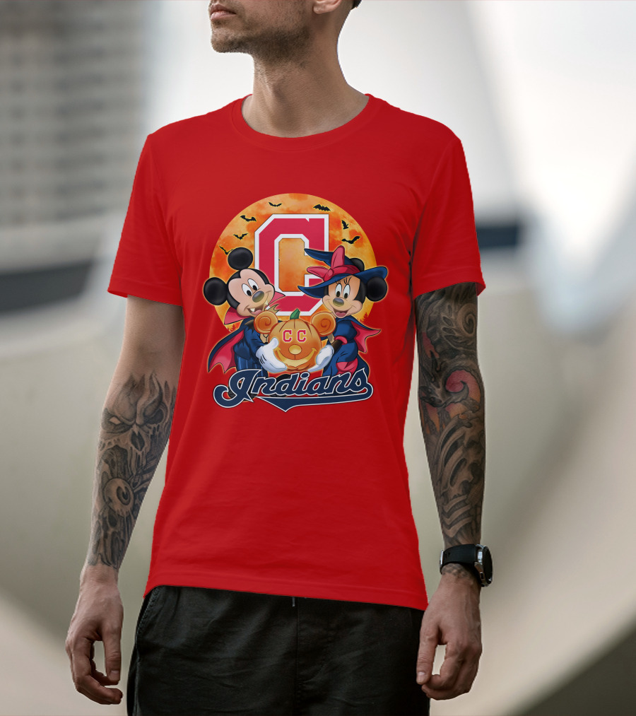 Cleveland Indians Mickey Mouse Minnie Mouse Halloween C Logo Pumpkin T-Shirt