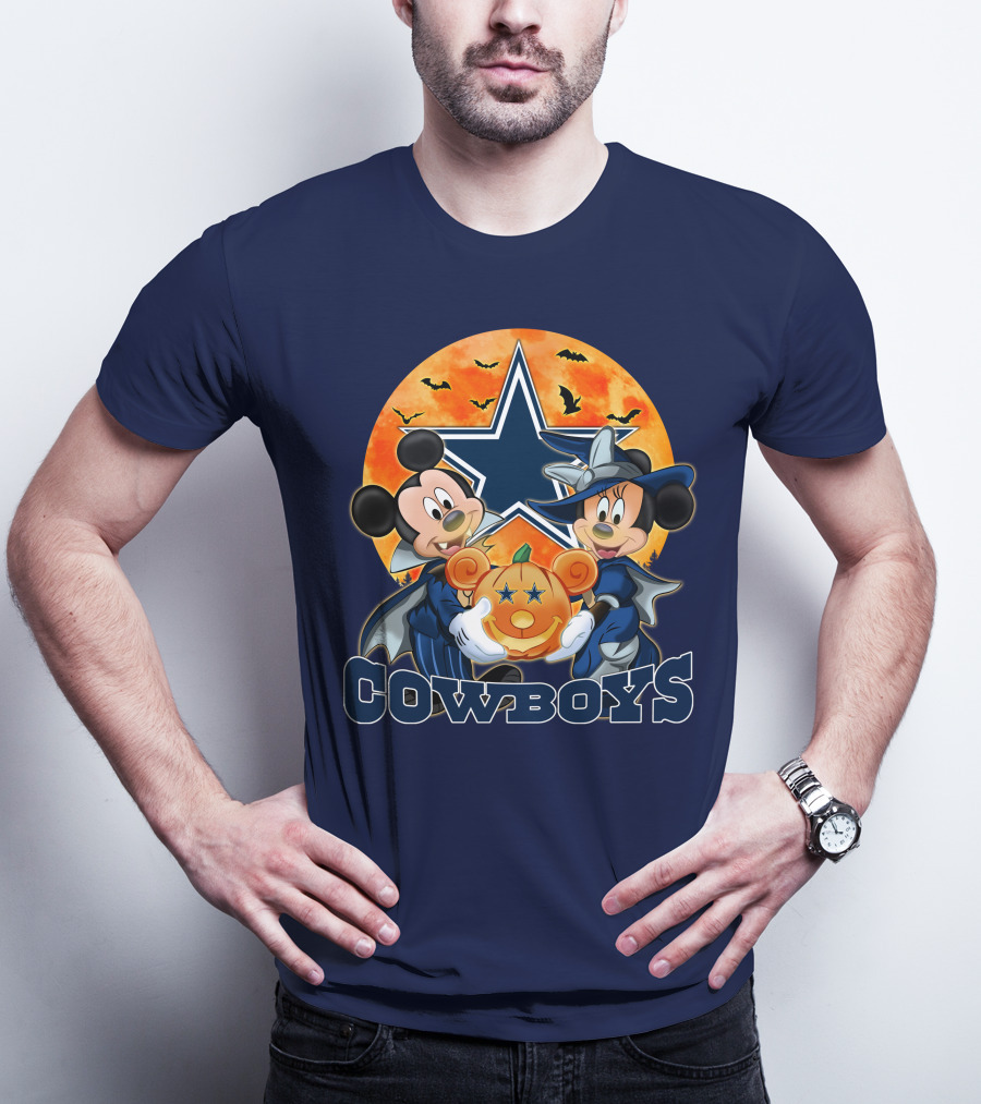 Cowboys Halloween Mickey Mouse And Minnie Mouse With Pumpkin Dallas T-Shirt