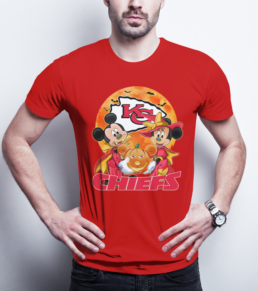 Kansas City Chiefs Mickey Mouse Minnie Mouse Halloween Chiefs Logo Pumpkin T-Shirt