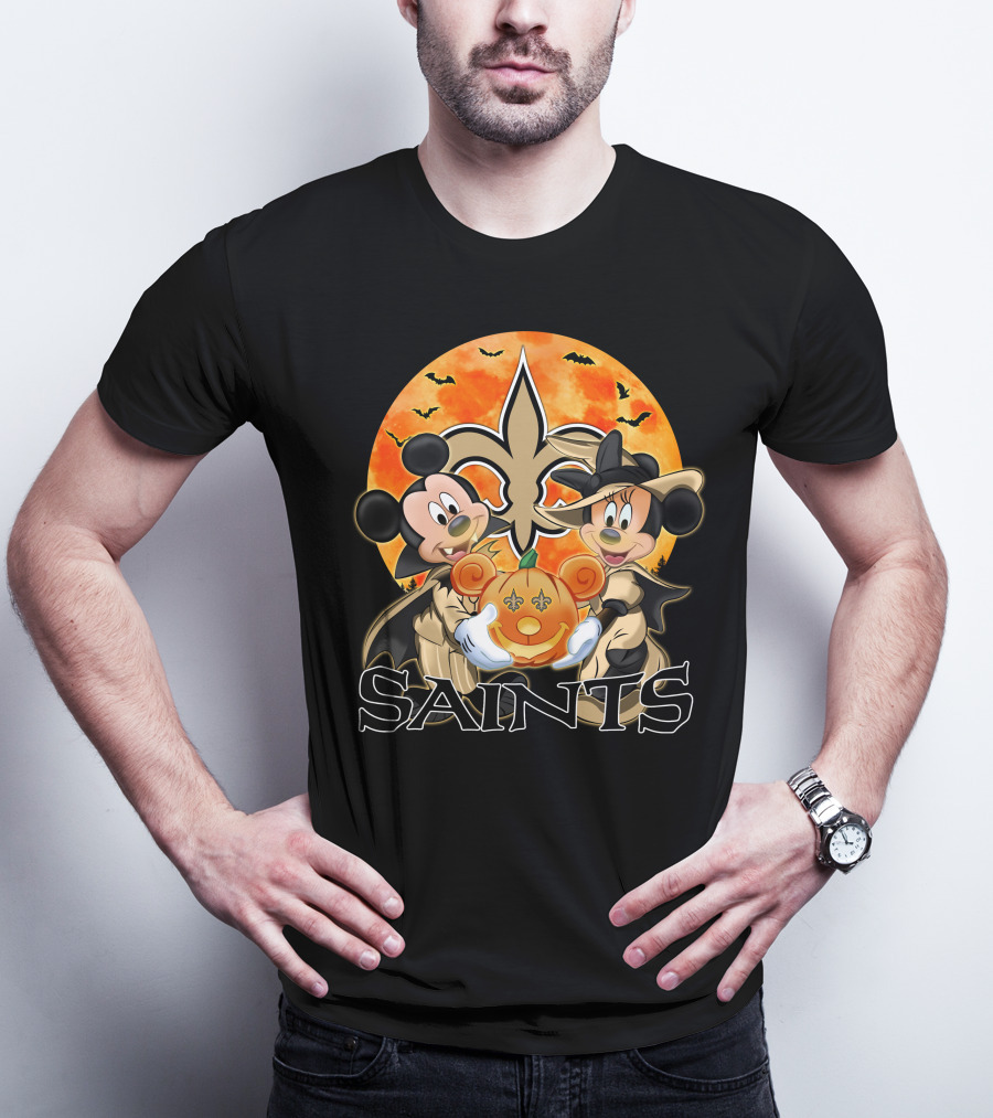 New Orleans Saints Mickey And Minnie Halloween Pumpkin Fleur-de-Lis T-Shirt