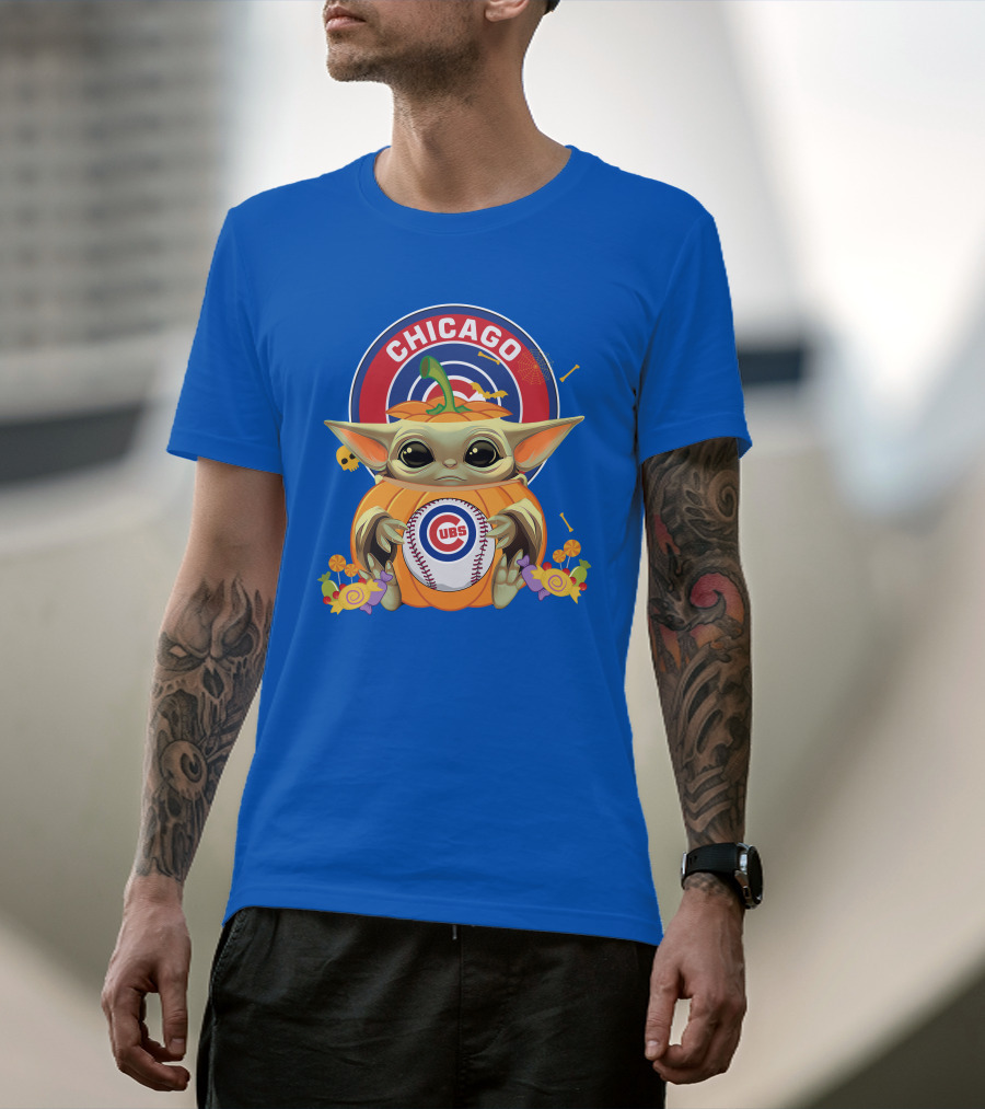 Halloween Pumpkin Baby Yoda Chicago Cubs Baseball Theme T-Shirt