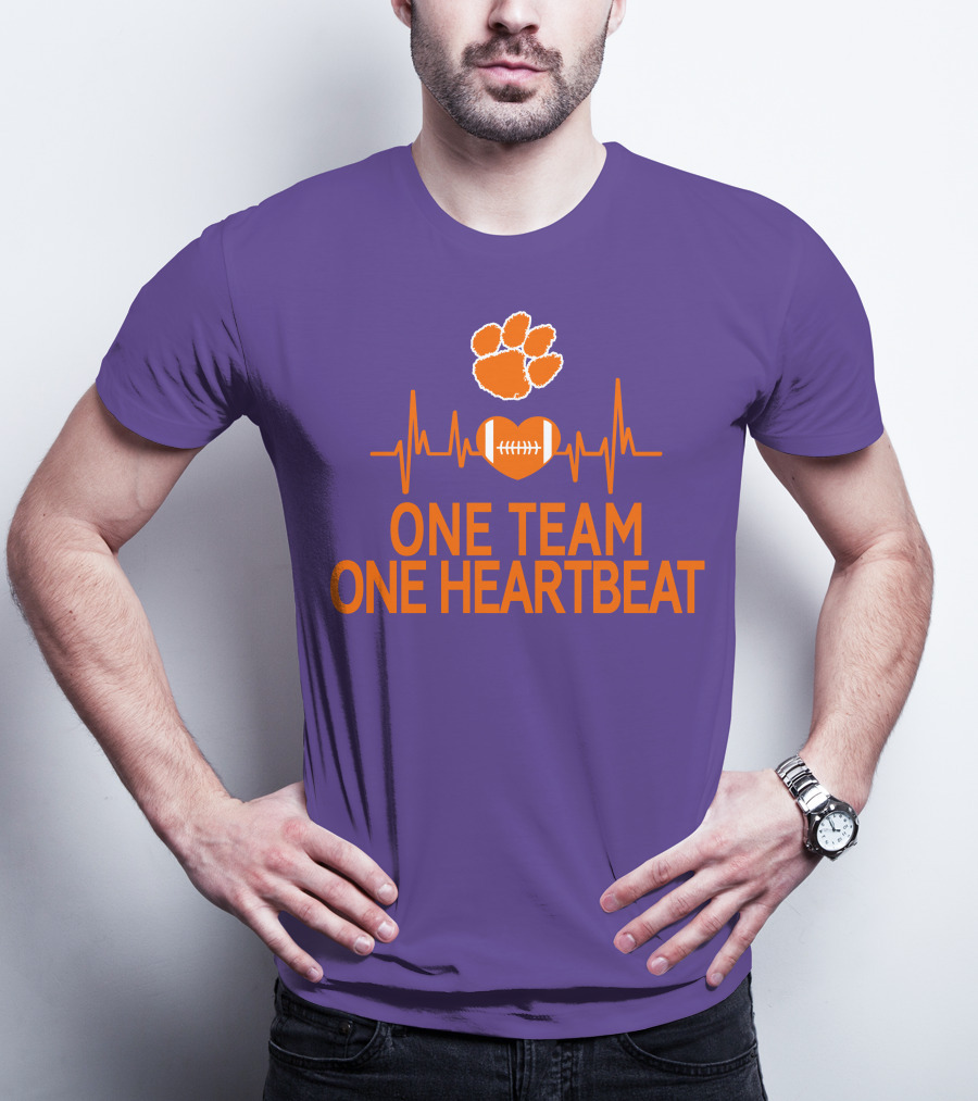 Clemson Tigers One Team One Heartbeat Football Paw Print Heartbeat T-Shirt