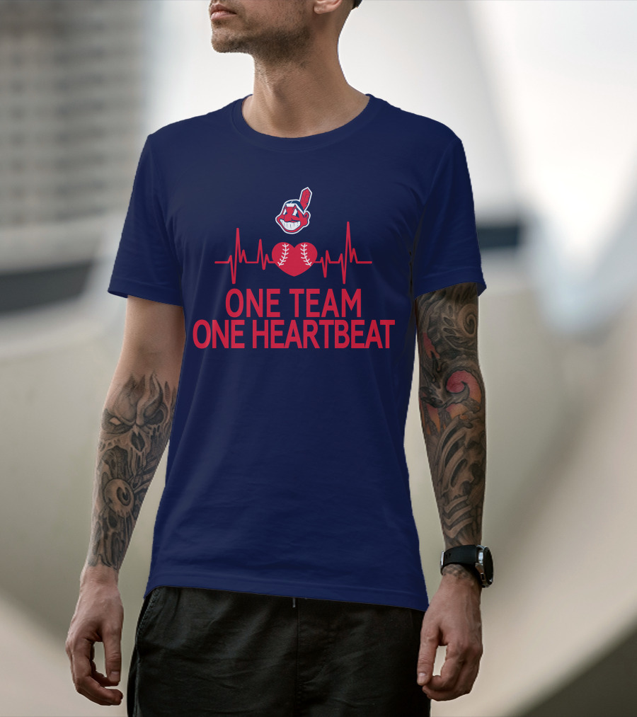 Cleveland Indians One Team One Heartbeat Baseball Heartbeat Line Chief Wahoo T-Shirt
