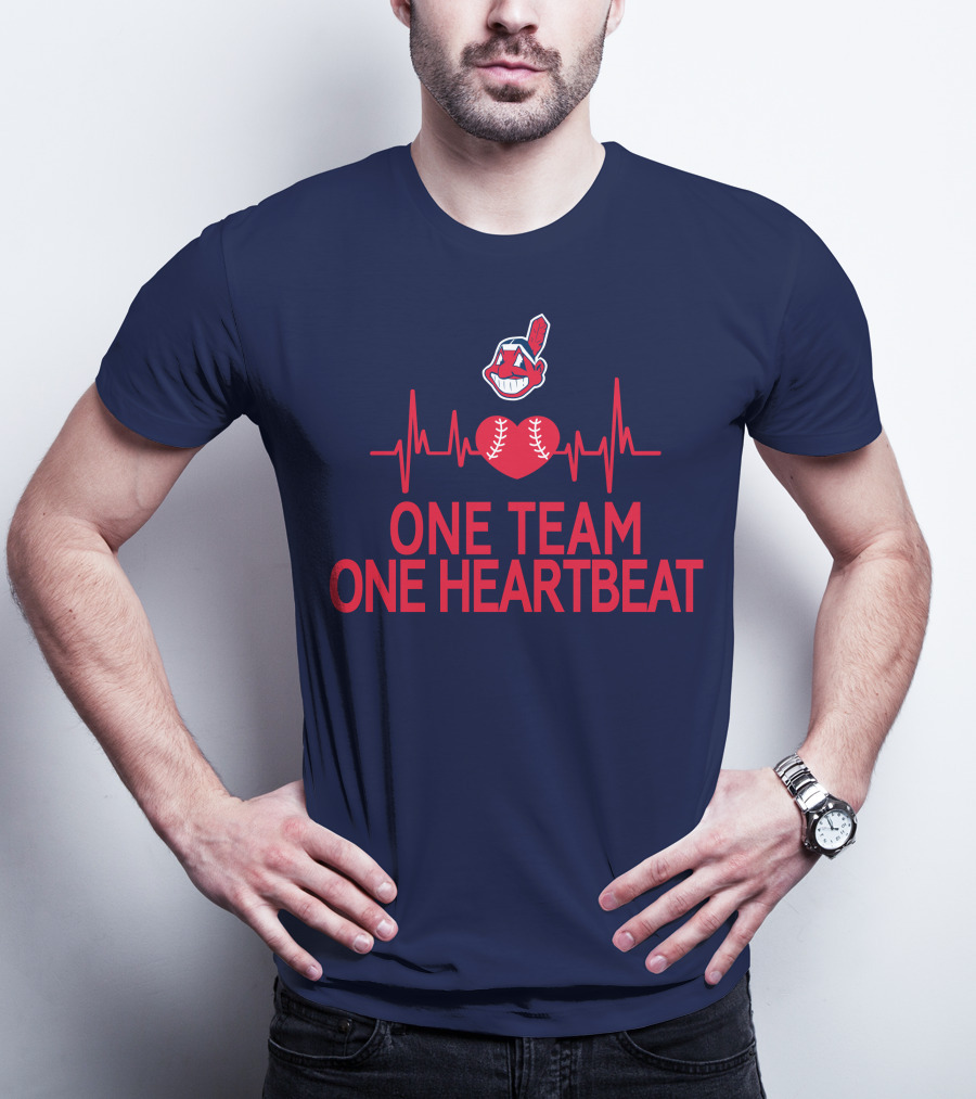 Cleveland Indians One Team One Heartbeat Baseball Heartbeat Line Chief Wahoo T-Shirt
