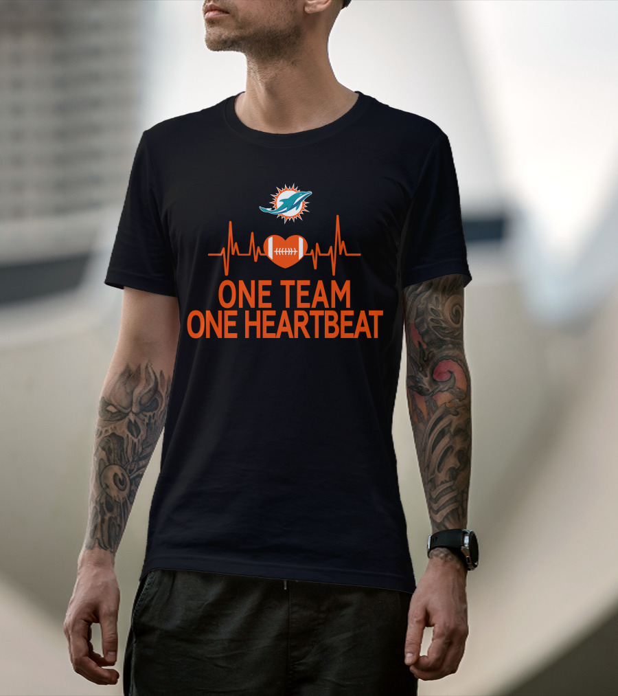 Miami Dolphins One Team One Heartbeat Football Heartbeat Line T-Shirt