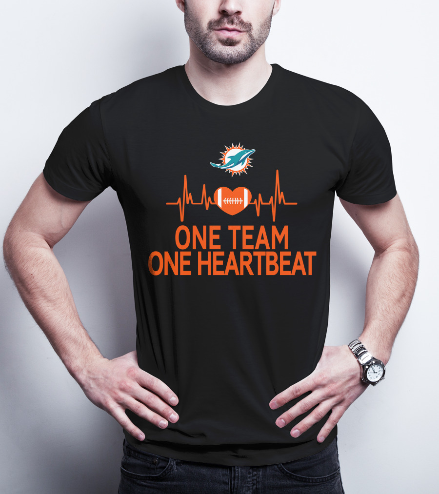 Miami Dolphins One Team One Heartbeat Football Heartbeat Line T-Shirt