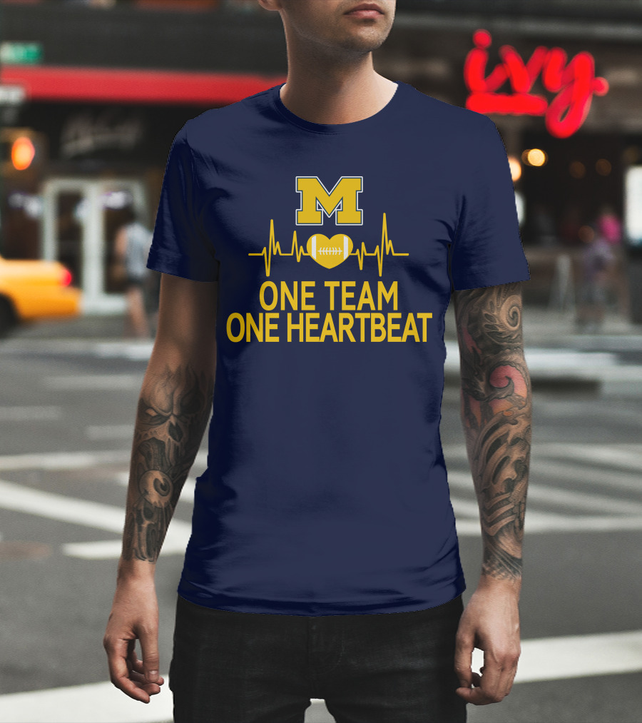 M Michigan Wolverines Football One Team One Heartbeat T-Shirt
