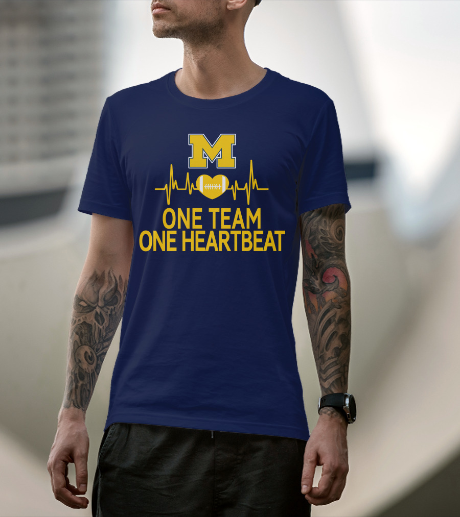 M Michigan Wolverines Football One Team One Heartbeat T-Shirt