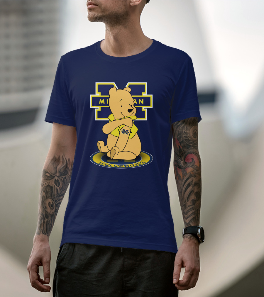 Michigan Wolverines Pooh Bear Sitting On Logo Badge T-Shirt