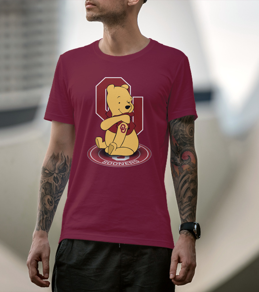 Winnie The Pooh With Oklahoma Sooners Logo And Letterman Jacket T-Shirt