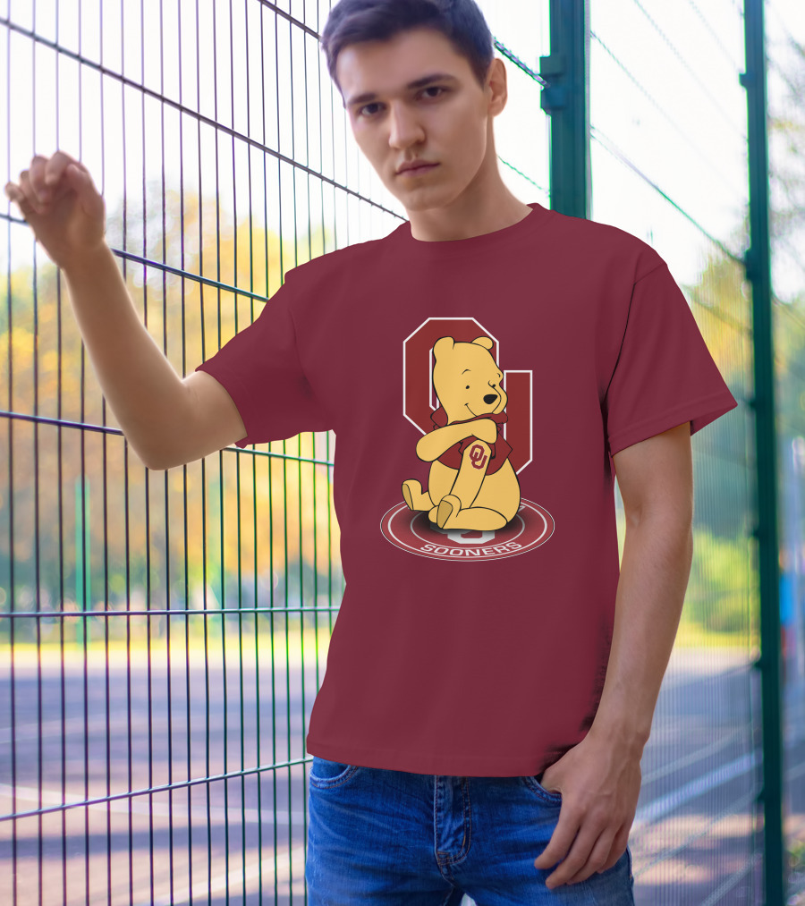 Winnie The Pooh With Oklahoma Sooners Logo And Letterman Jacket T-Shirt