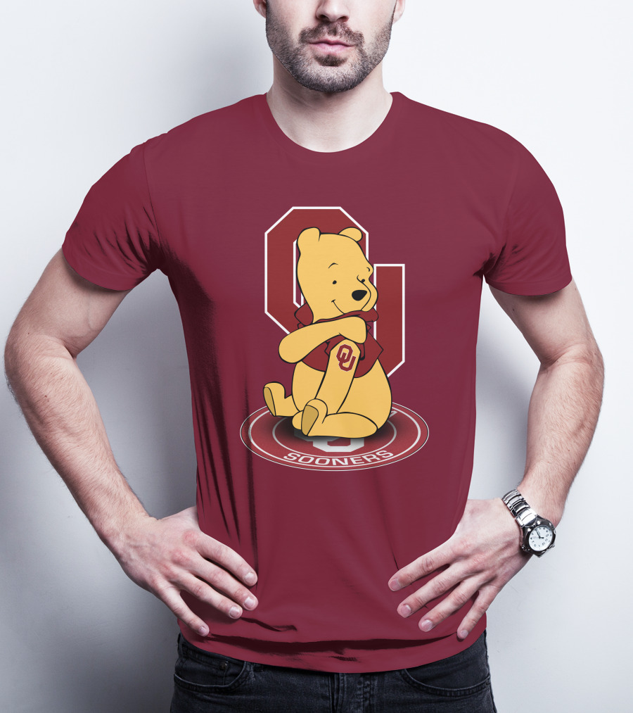 Winnie The Pooh With Oklahoma Sooners Logo And Letterman Jacket T-Shirt