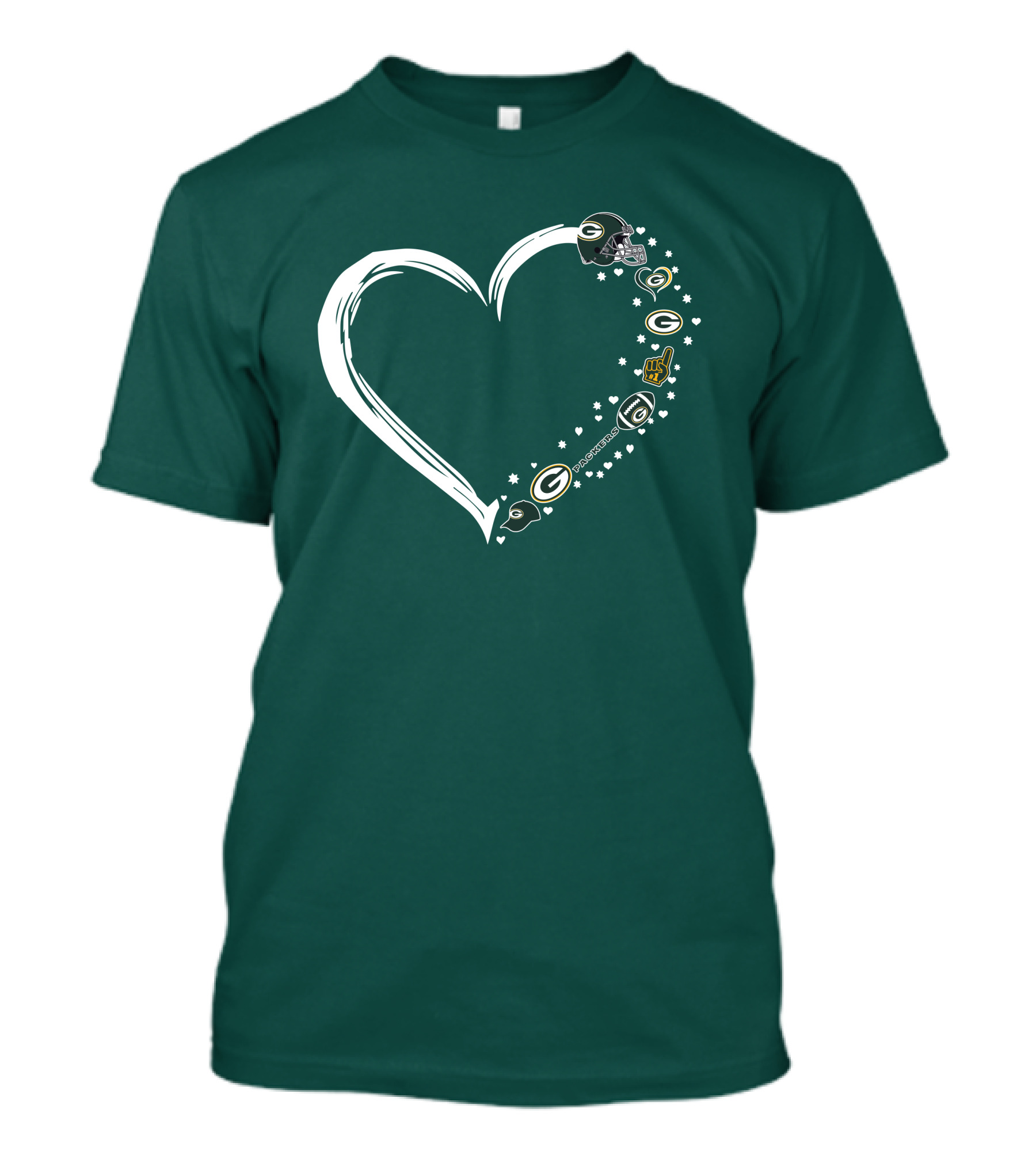 Green Bay Packers Heart With Logos And Helmet T-Shirt