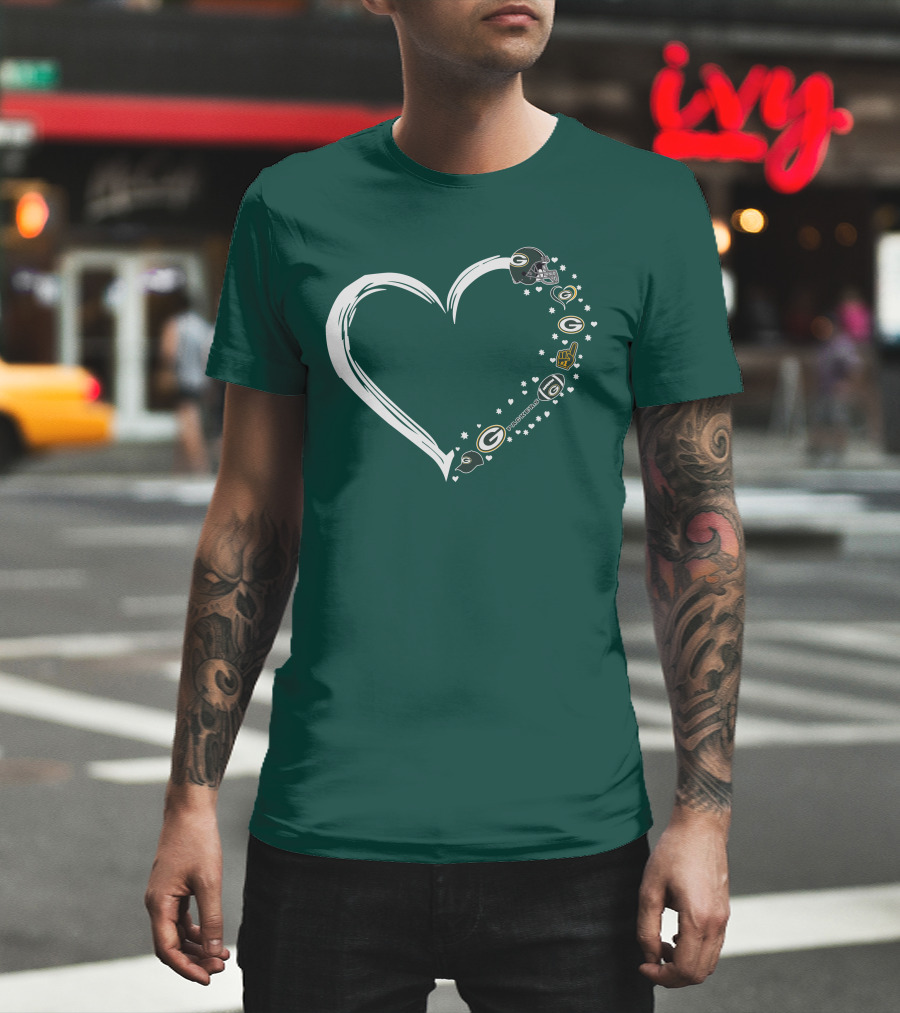 Green Bay Packers Heart With Logos And Helmet T-Shirt