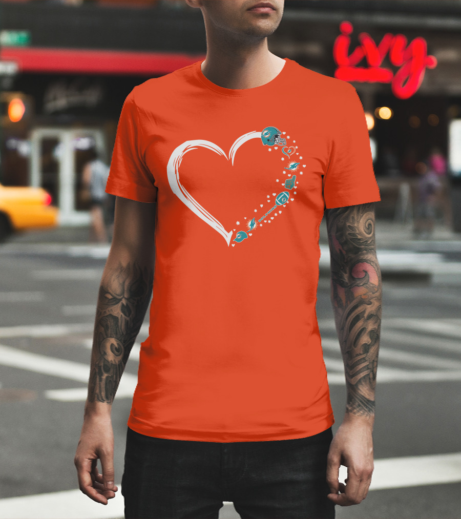 Miami Dolphins Heart Design With Helmets T-Shirt