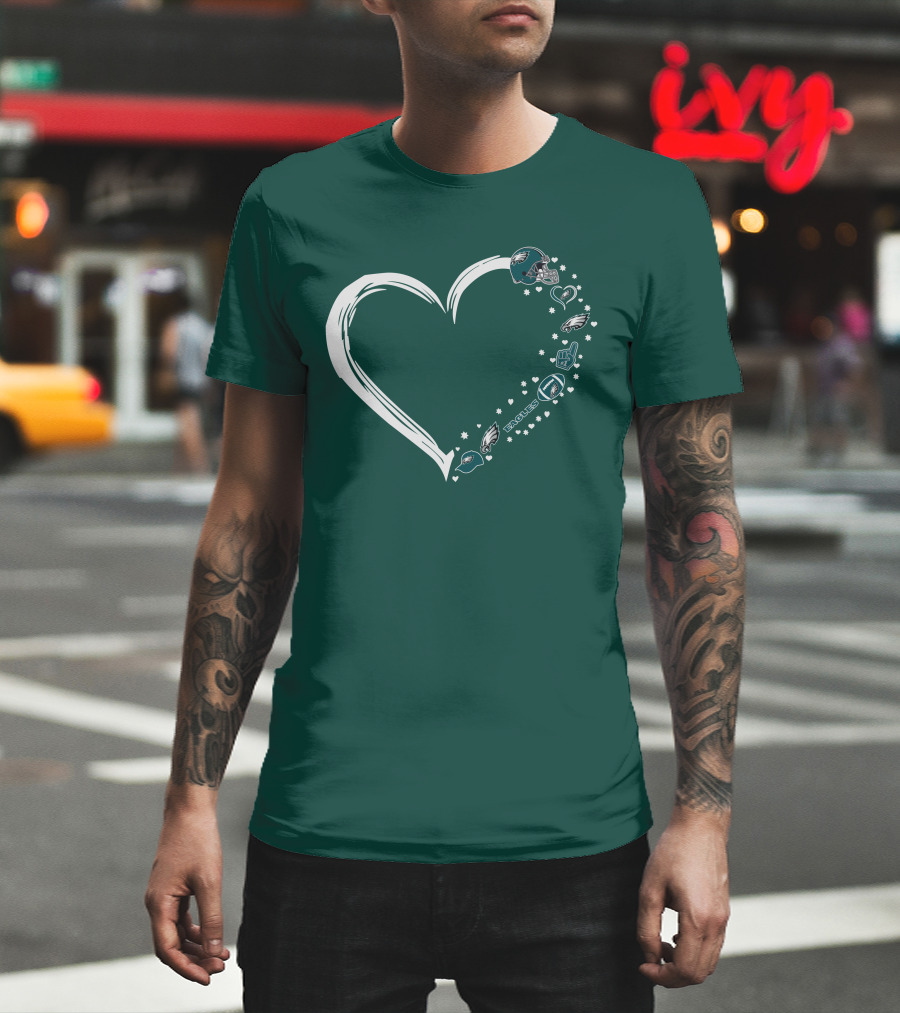 Philadelphia Eagles Heart Design With Logo And Helmet Elements T-Shirt