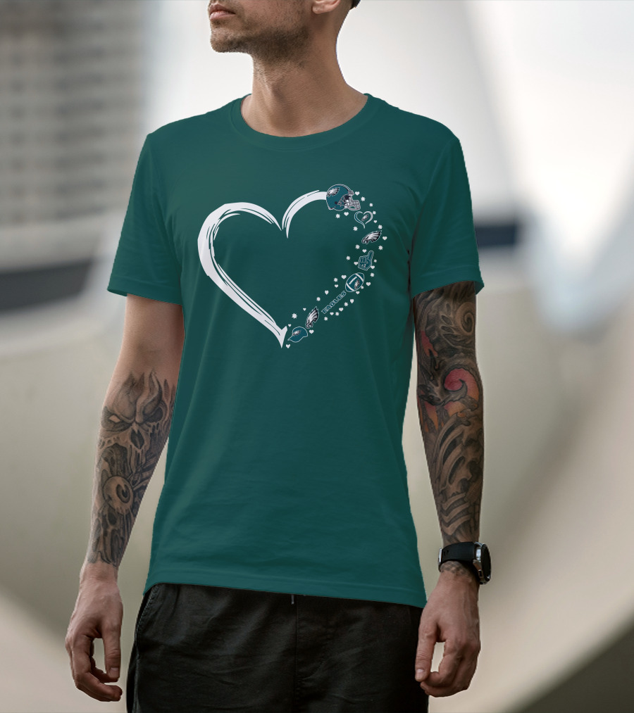 Philadelphia Eagles Heart Design With Logo And Helmet Elements T-Shirt