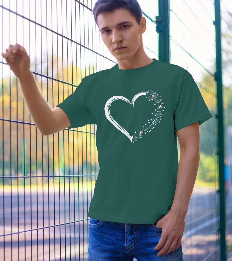 Philadelphia Eagles Heart Design With Logo And Helmet Elements T-Shirt